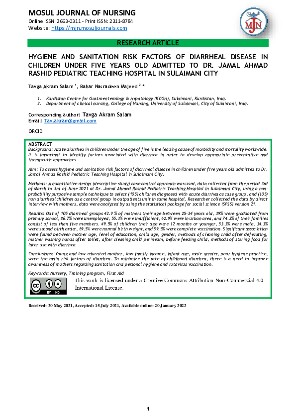 (PDF) Hygiene and Sanitation Risk Factors of Diarrheal Disease in ...