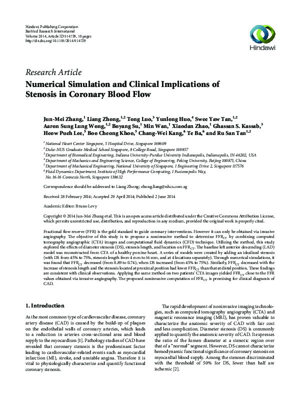 (PDF) Numerical Simulation and Clinical Implications of Stenosis in Coronary Blood Flow | Tan ...
