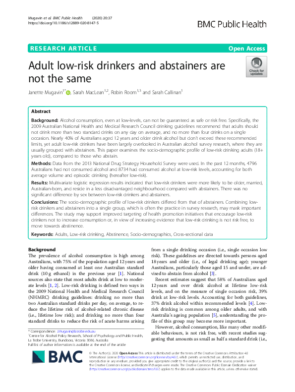 (PDF) Adult low-risk drinkers and abstainers are not the same