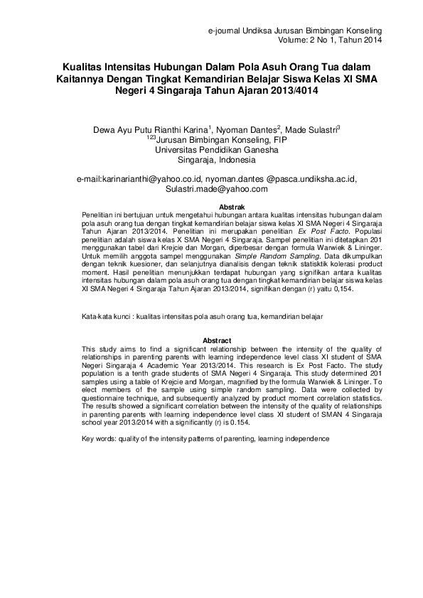 (PDF) Kualitas Intensitas Hubungan Dalam Pola Asuh Orang Tua dalam Kaitannya Dengan Tingkat ...