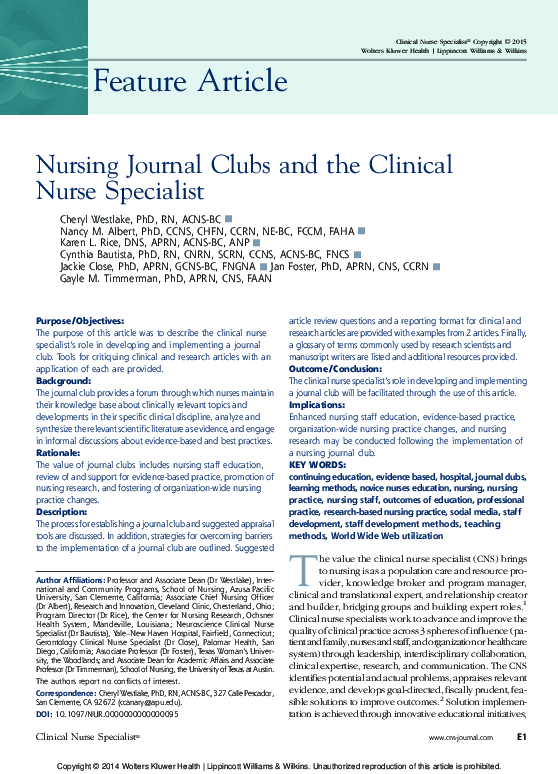 (PDF) Nursing Journal Clubs and the Clinical Nurse Specialist