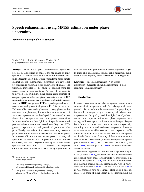 (PDF) Speech enhancement using MMSE estimation under phase uncertainty