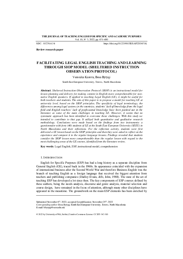 (PDF) Facilitating Legal English Teaching and Learning Through Siop Model (Sheltered Instruction ...