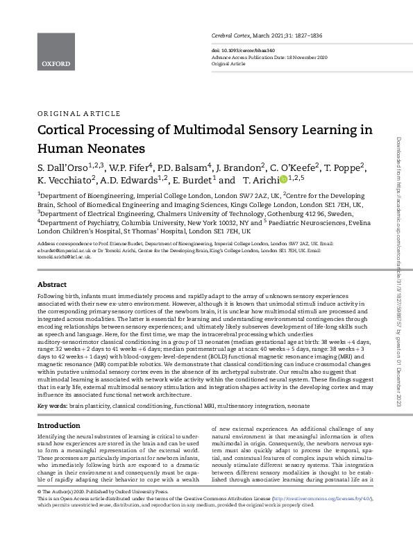 (PDF) Cortical Processing of Multimodal Sensory Learning in Human Neonates