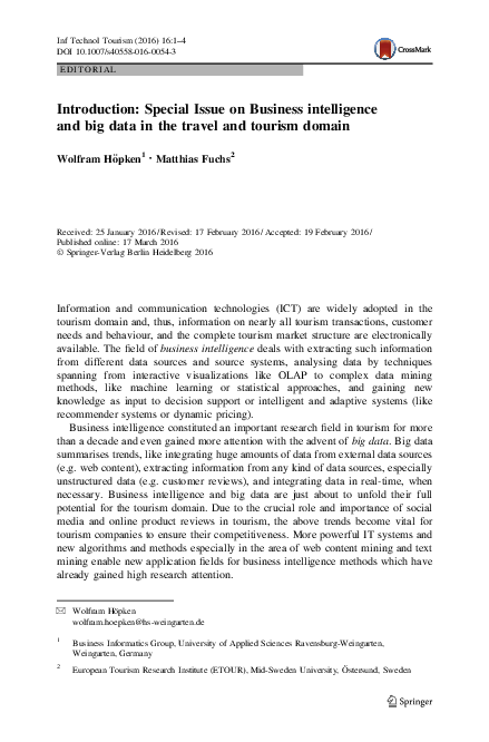 (PDF) Introduction: Special Issue on Business intelligence and big data in the travel and ...