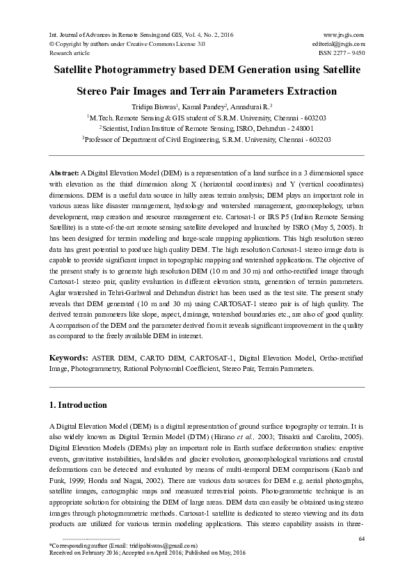 (PDF) Satellite Photogrammetry for DEM Generation Using Stereo Pair and ...