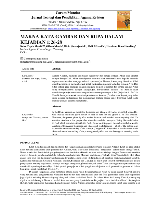 (PDF) Makna Kata Gambar Dan Rupa Dalam Kejadian 1:26-28
