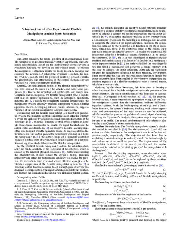 (PDF) Vibration Control of an Experimental Flexible Manipulator Against Input Saturation