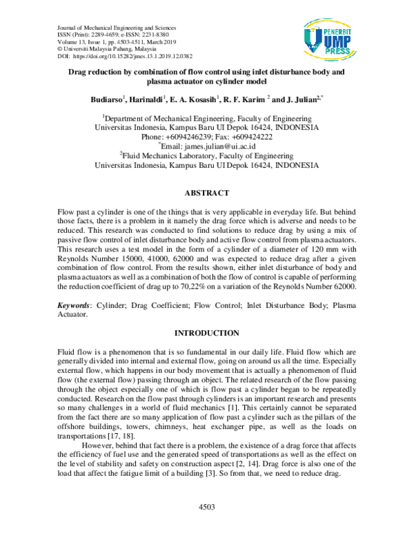 Pdf Drag Reduction By Combination Of Flow Control Using Inlet Disturbance Body And Plasma