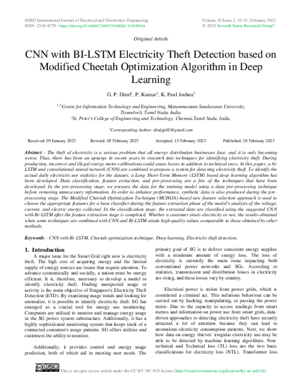 Pdf Cnn With Bi Lstm Electricity Theft Detection Based On Modified Cheetah Optimization