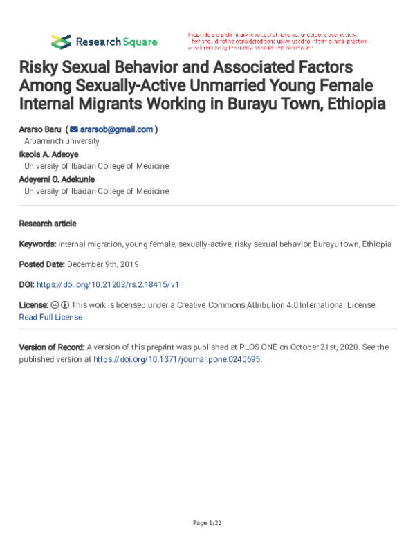 (PDF) Risky Sexual Behavior and Associated Factors Among Sexually-Active Unmarried Young Female ...