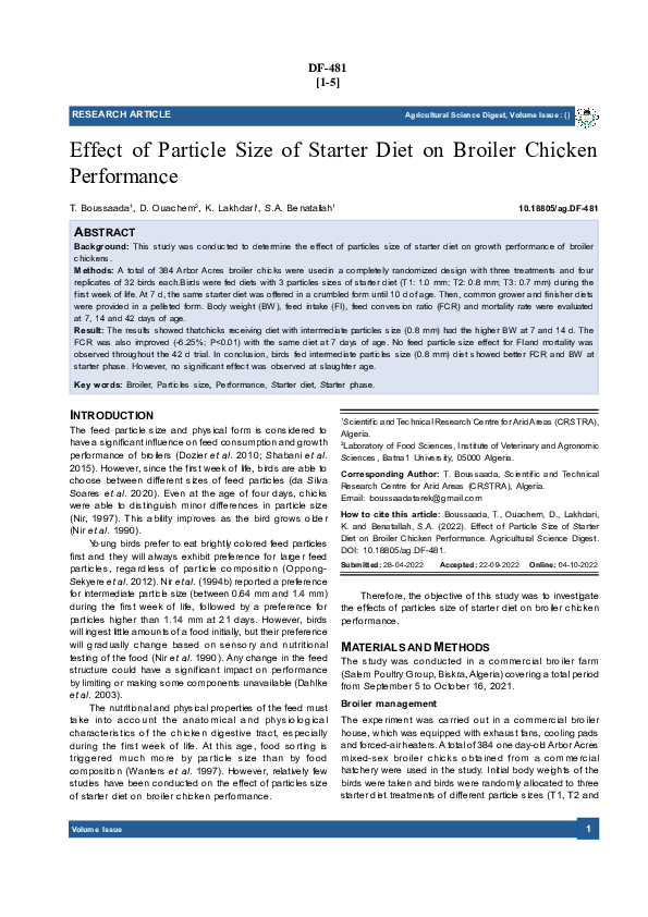 (PDF) Effect of Particle Size of Starter Diet on Broiler Chicken ...