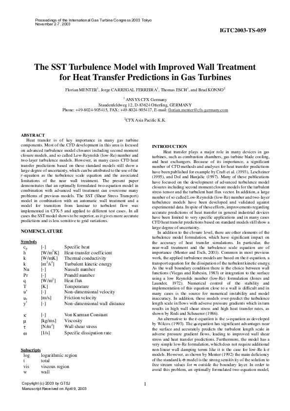 (PDF) The SST Turbulence Model with Improved Wall Treatment for Heat Transfer Predictions in Gas ...