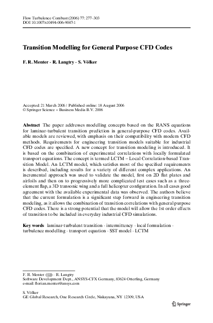 (PDF) Transition Modelling for General Purpose CFD Codes