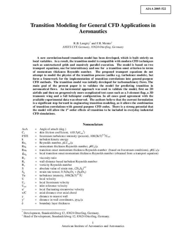 (PDF) Transition Modeling for General CFD Applications in Aeronautics