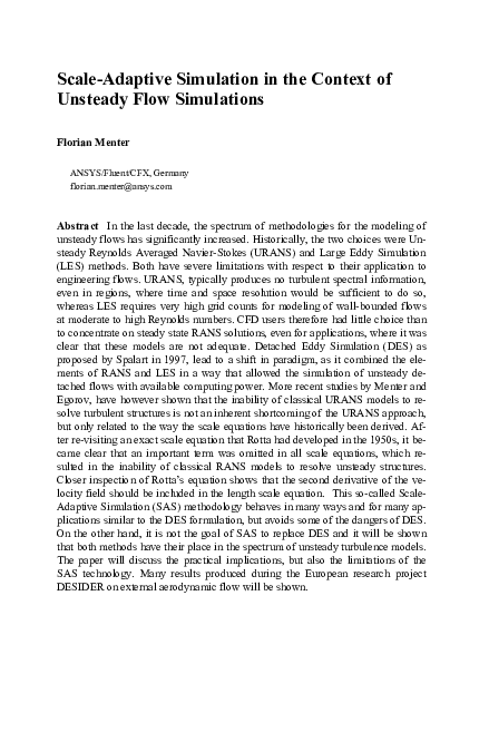 (PDF) Scale-Adaptive Simulation in the Context of Unsteady Flow Simulations | Florian Menter ...