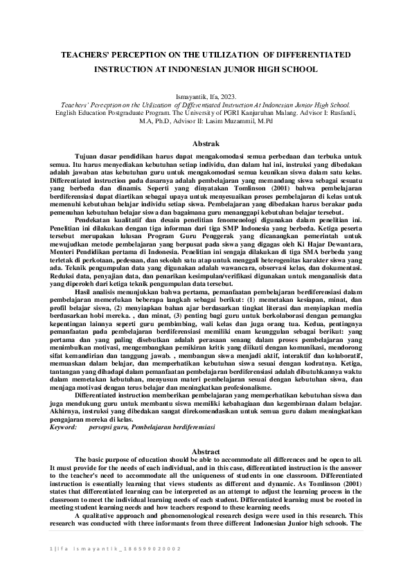 (PDF) TEACHERS' PERCEPTION ON THE UTILIZATION OF DIFFERENTIATED INSTRUCTION AT INDONESIAN JUNIOR ...