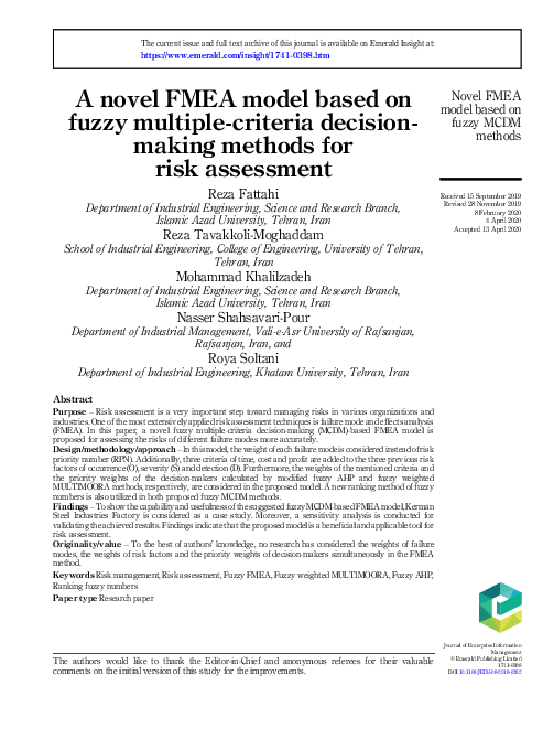 (PDF) A novel FMEA model based on fuzzy multiple-criteria decision-making methods for risk ...