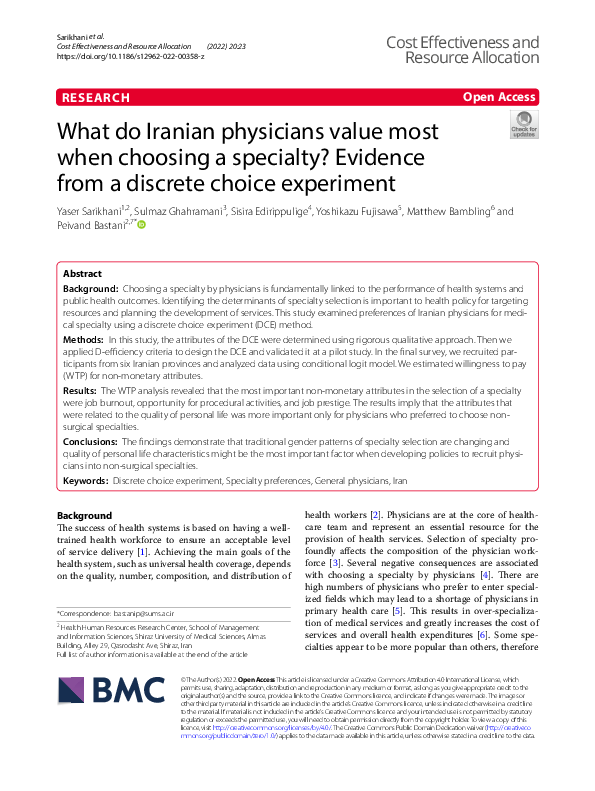 (PDF) What do Iranian physicians value most when choosing a specialty? Evidence from a discrete ...