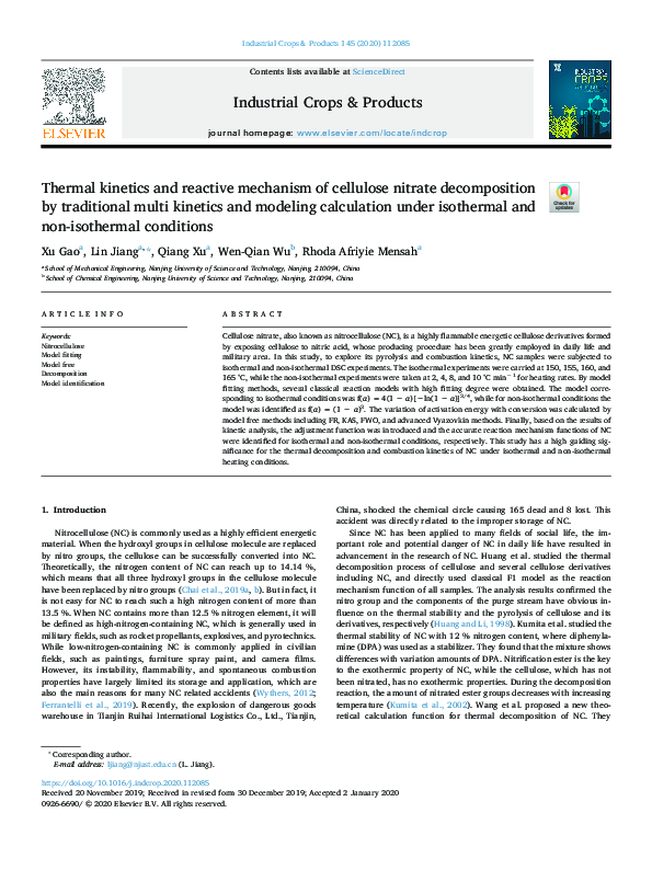 (PDF) Thermal kinetics and reactive mechanism of cellulose nitrate ...