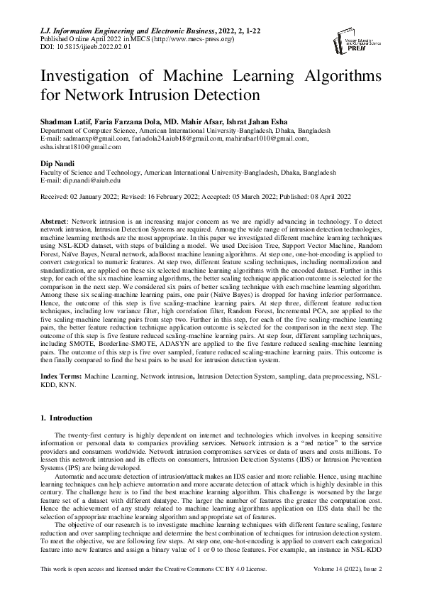 Pdf Investigation Of Machine Learning Algorithms For Network Intrusion Detection