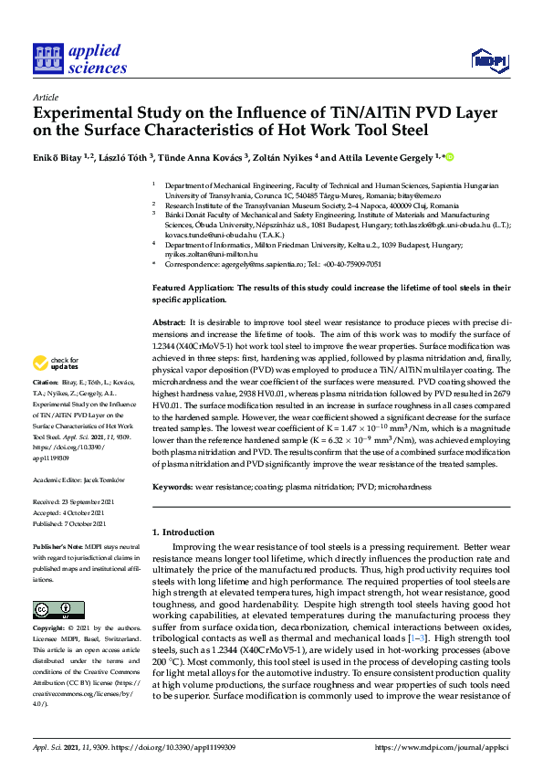 (PDF) Experimental Study on the Influence of TiN/AlTiN PVD Layer on the ...