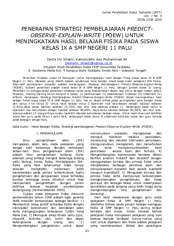 (PDF) Penerapan Strategi Pembelajaran Predict-Observe-Explain-Write (Poew) Untuk Meningkatkan ...