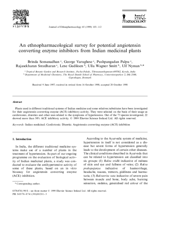 (PDF) An ethnopharmacological survey for potential angiotensin converting enzyme inhibitors from ...