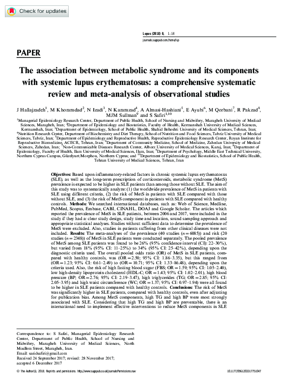 (PDF) The association between metabolic syndrome and its components with systemic lupus ...