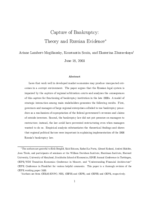 (PDF) Capture of Bankruptcy: Theory and Russian Evidence