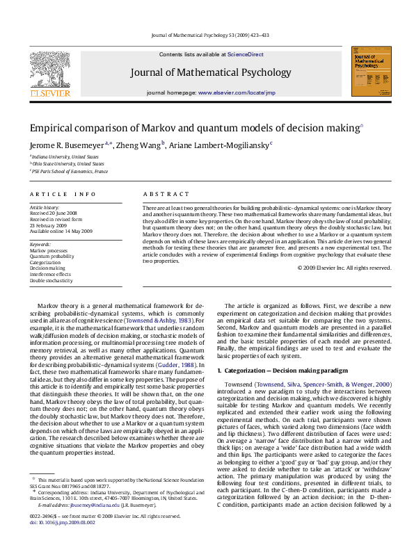 (PDF) Empirical comparison of Markov and quantum models of decision making