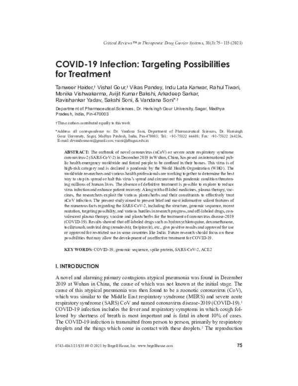 (PDF) COVID-19 Infection: Targeting Possibilities for Treatment