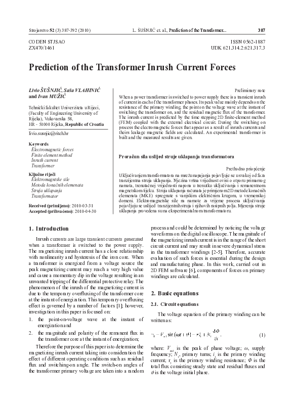 Pdf Prediction Of The Transformer Inrush Current Forces