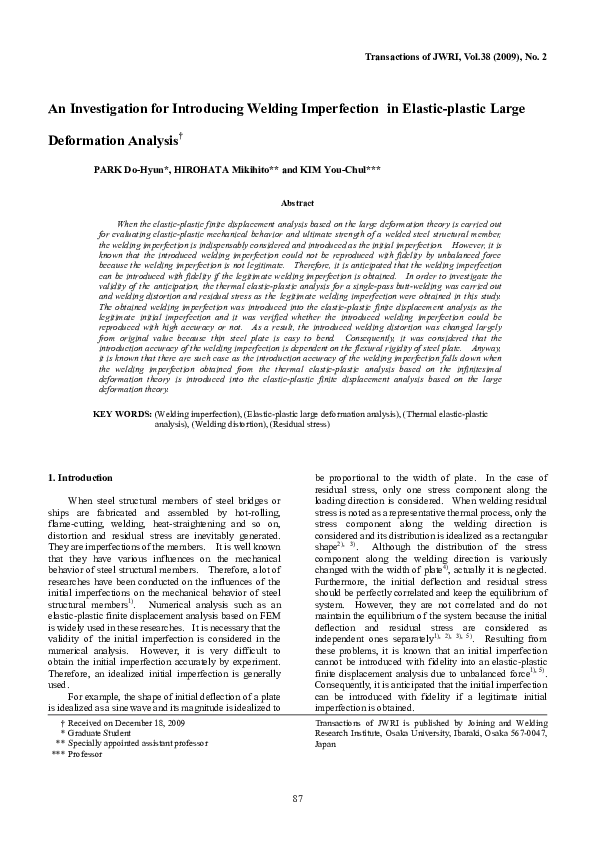 (PDF) An Investigation for Introducing Welding Imperfection in Elastic-plastic Large Deformation ...
