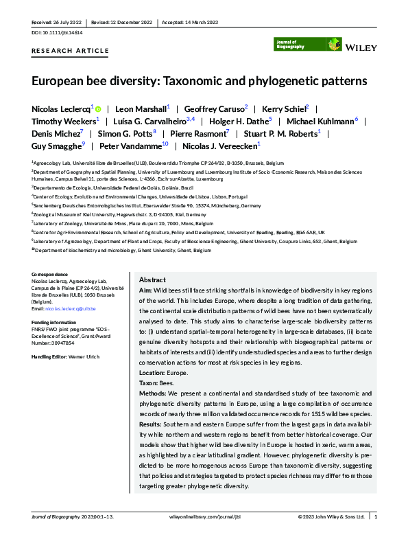 (PDF) European bee diversity: Taxonomic and phylogenetic patterns