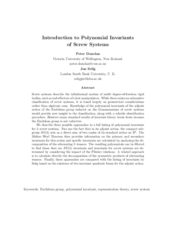 (PDF) Introduction to Polynomial Invariants of Screw Systems