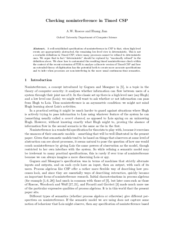 Pdf Checking Noninterference In Timed Csp Bill Roscoe