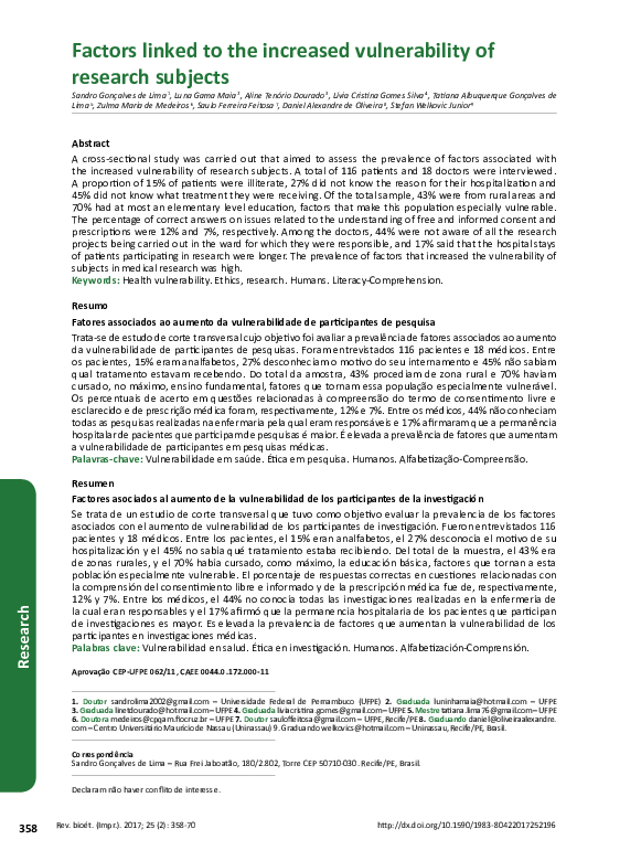 (PDF) Factors linked to the increased vulnerability of research subjects