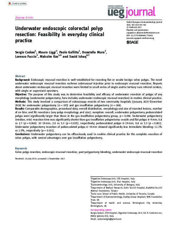 (PDF) Underwater endoscopic colorectal polyp resection: Feasibility in ...