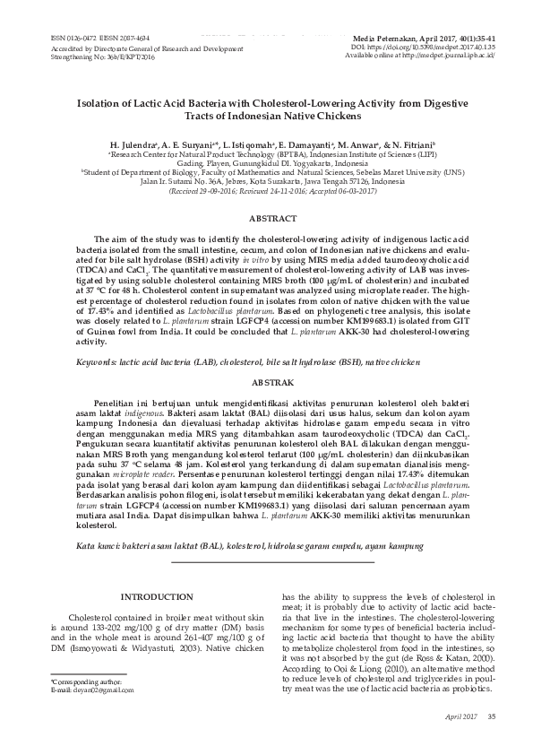 (PDF) Isolation of Lactic Acid Bacteria with Cholesterol-Lowering Activity from Digestive Tracts ...