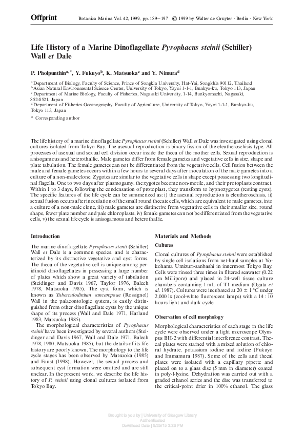 (PDF) Life History of a Marine Dinoflagellate Pyrophacus steinii ...