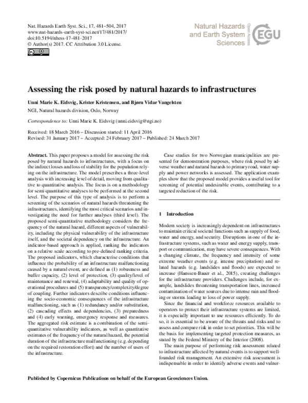 (PDF) Assessing the risk posed by natural hazards to infrastructures