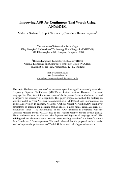 (PDF) Improving ASR for Continuous Thai Words Using ANN/HMM
