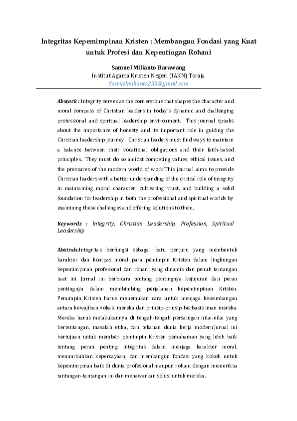 (DOC) Integritas Kepemimpinan Kristen : Membangun Fondasi yang Kuat ...