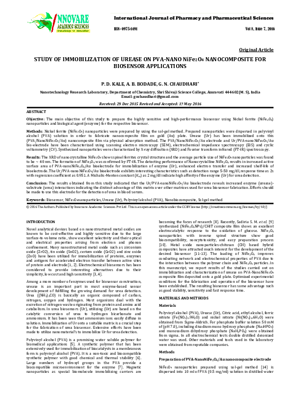 (PDF) STUDY OF IMMOBILIZATION OF UREASE ON PVA-NANO NiFe2O4 ...