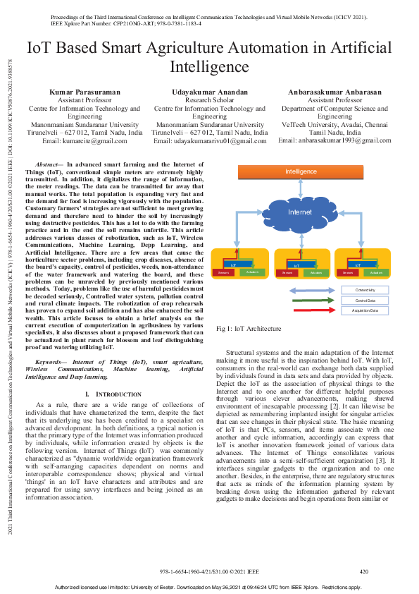 (PDF) IoT Based Smart Agriculture Automation in Artificial Intelligence