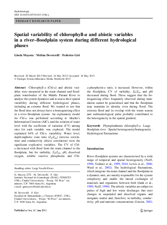 (PDF) Spatial variability of chlorophyll-a and abiotic variables in a river–floodplain system ...
