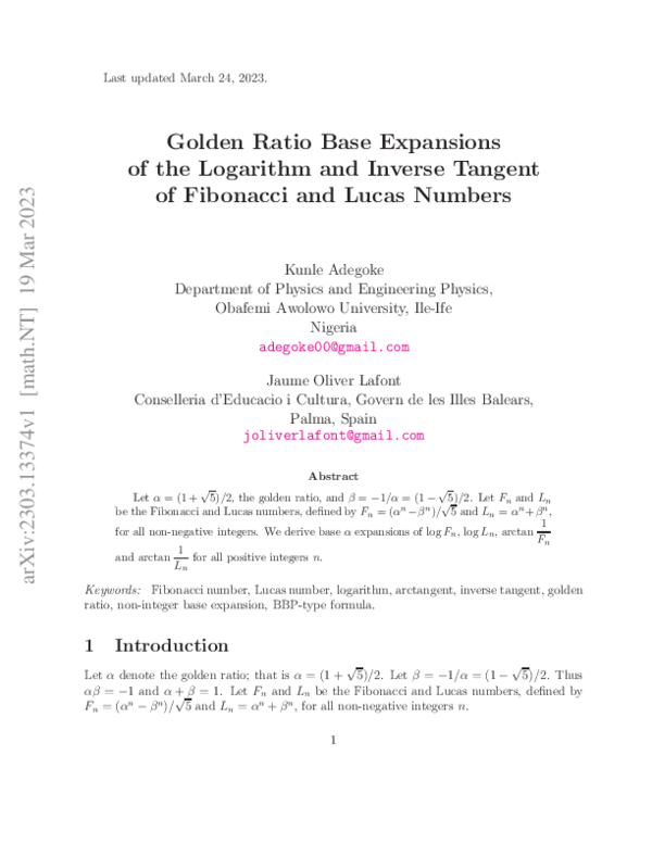 Pdf Golden Ratio Base Expansions Of The Logarithm And Inverse Tangent Of Fibonacci And Lucas