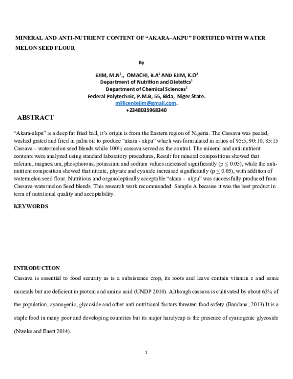 (DOC) MINERAL AND ANTI-NUTRIENT CONTENT OF "AKARA-AKPU" FORTIFIED WITH ...