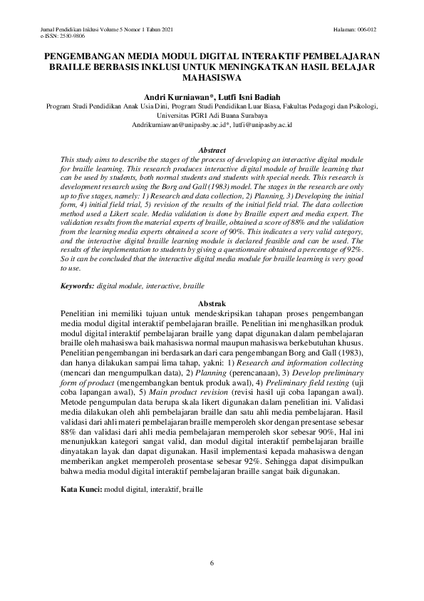 (PDF) Pengembangan Media Modul Digital Interaktif Pembelajaran Braille Berbasis Inklusi untuk ...